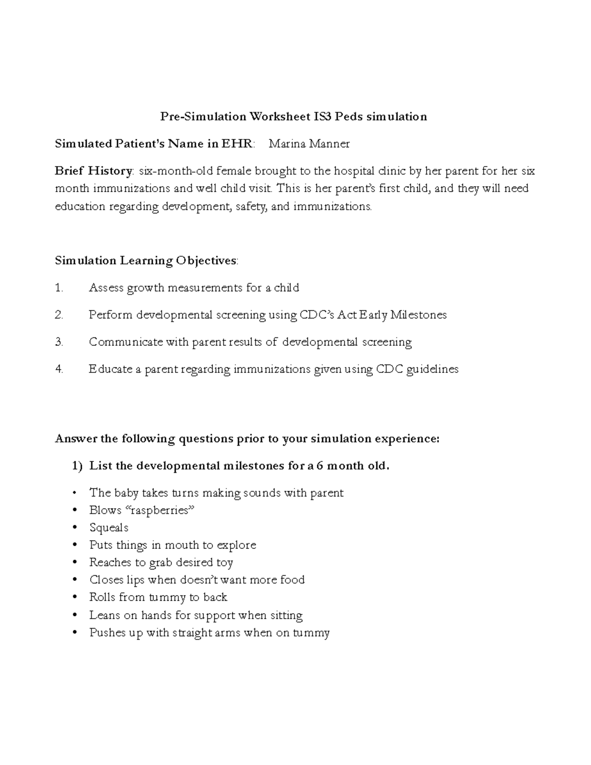 Pre-Simulation Worksheet IS3 Peds Clinical Scenario Insights - Studocu
