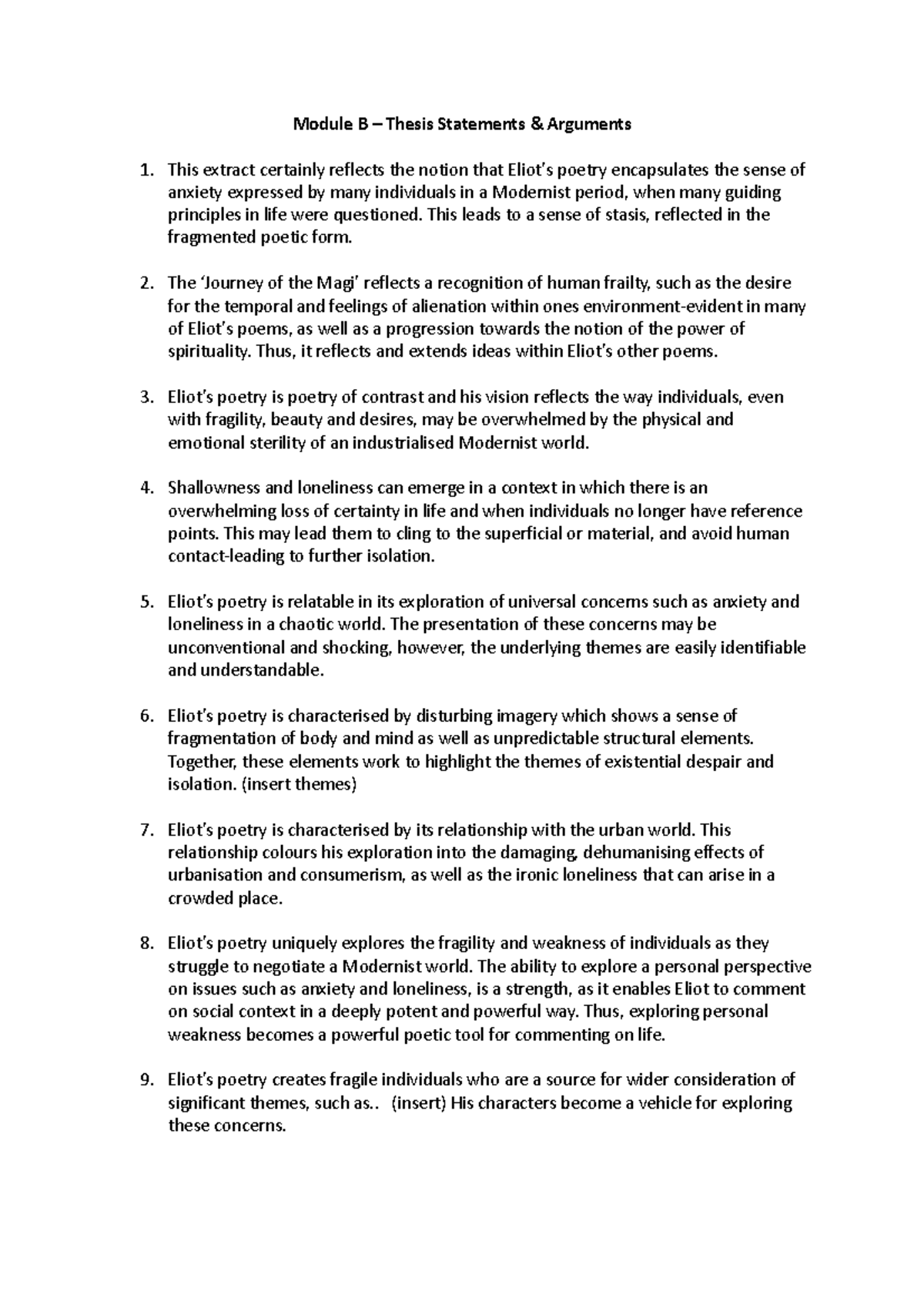Eliot Practice Questions: Analyzing Thesis Statements & Themes - Studocu
