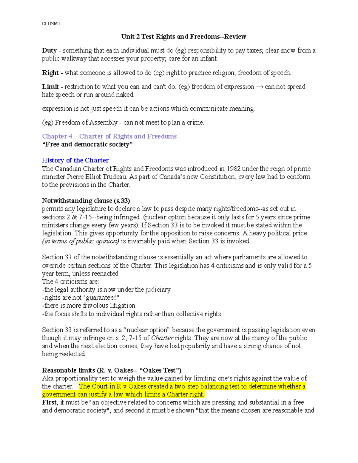 CLU3M Unit 2: Human Rights Study Guide for Rights and Freedoms Test ...