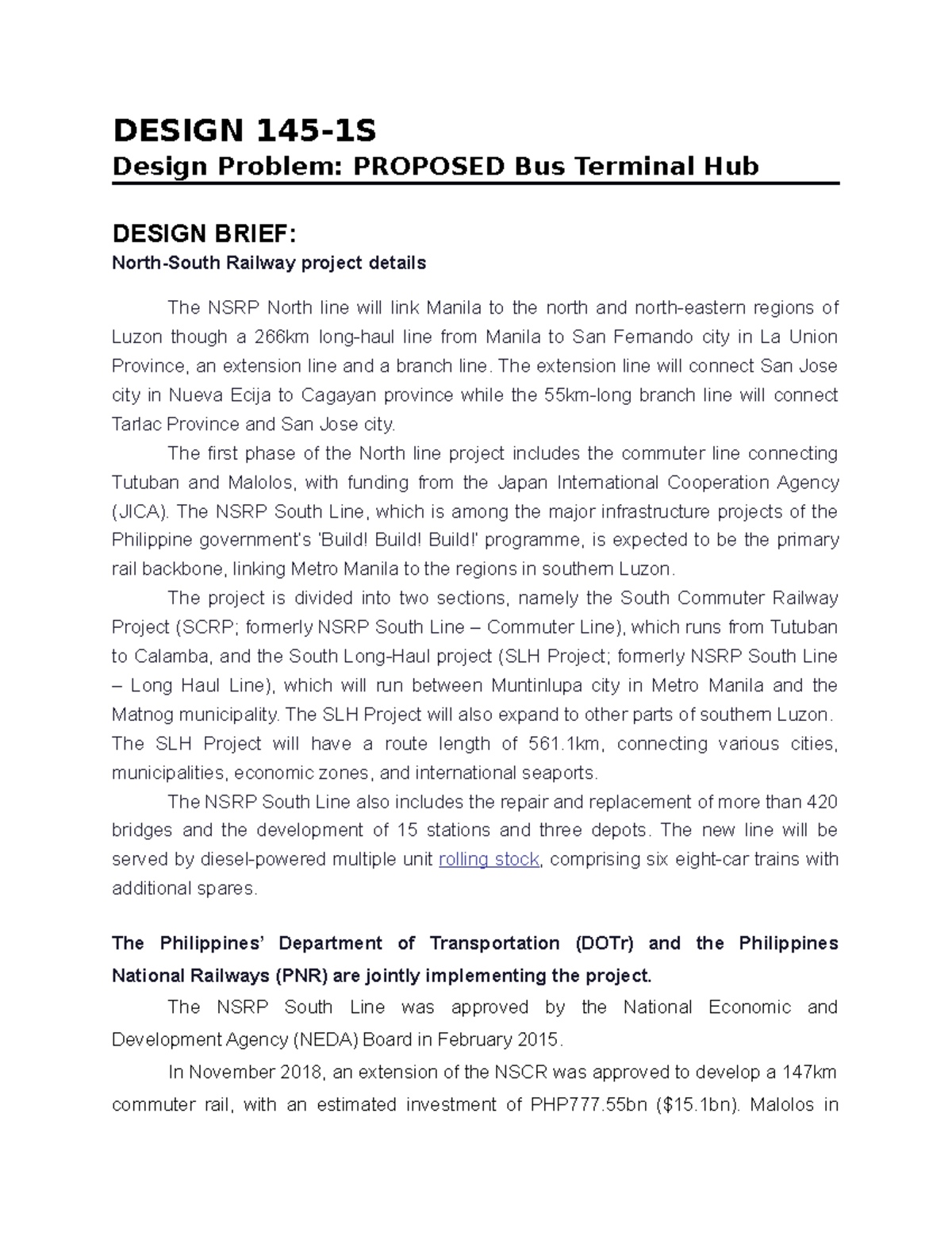 Design 145. Proposed Bus Terminal Hub for North-South Railway Project ...