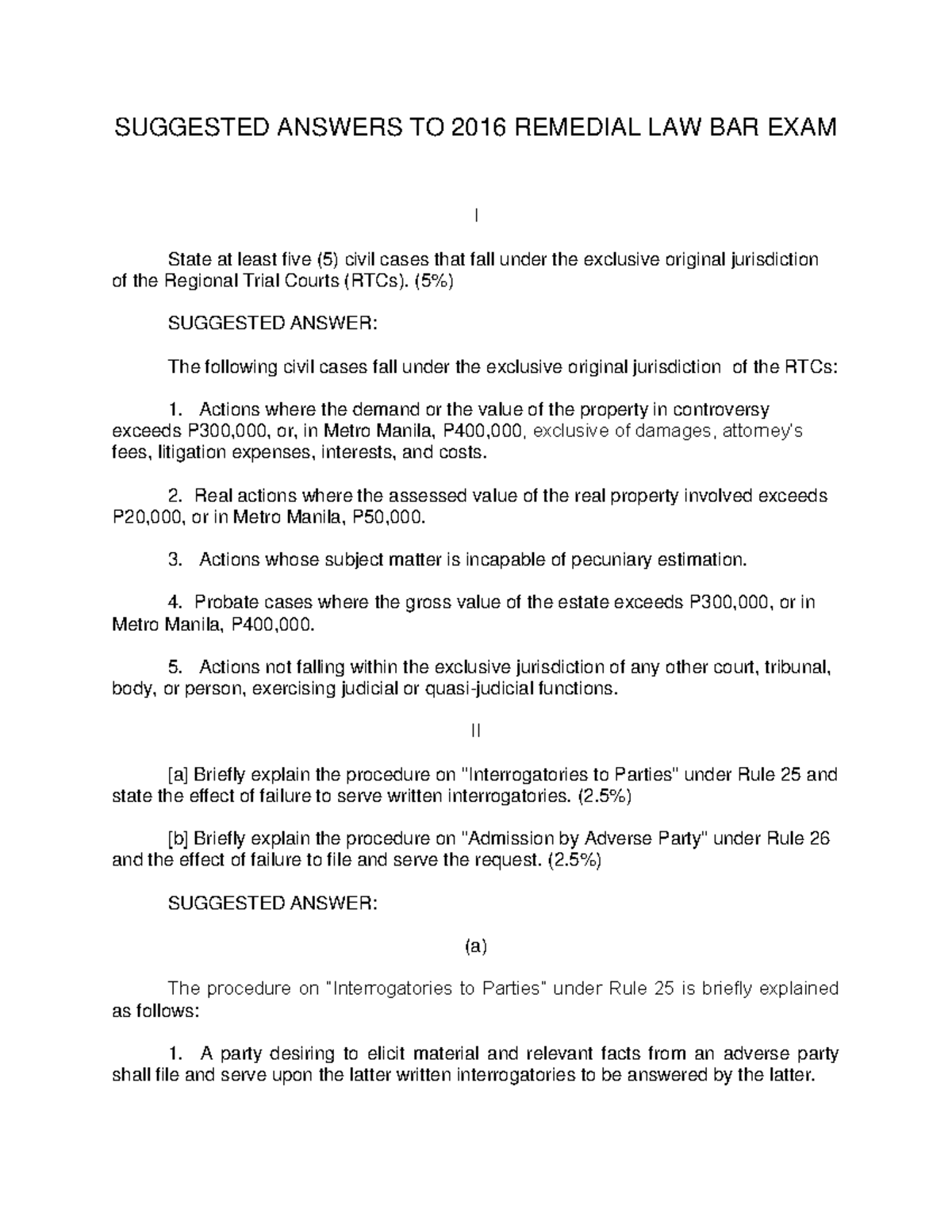 Suggested Answers for 2016 Remedial Law Bar Exam (LAW B) - Studocu