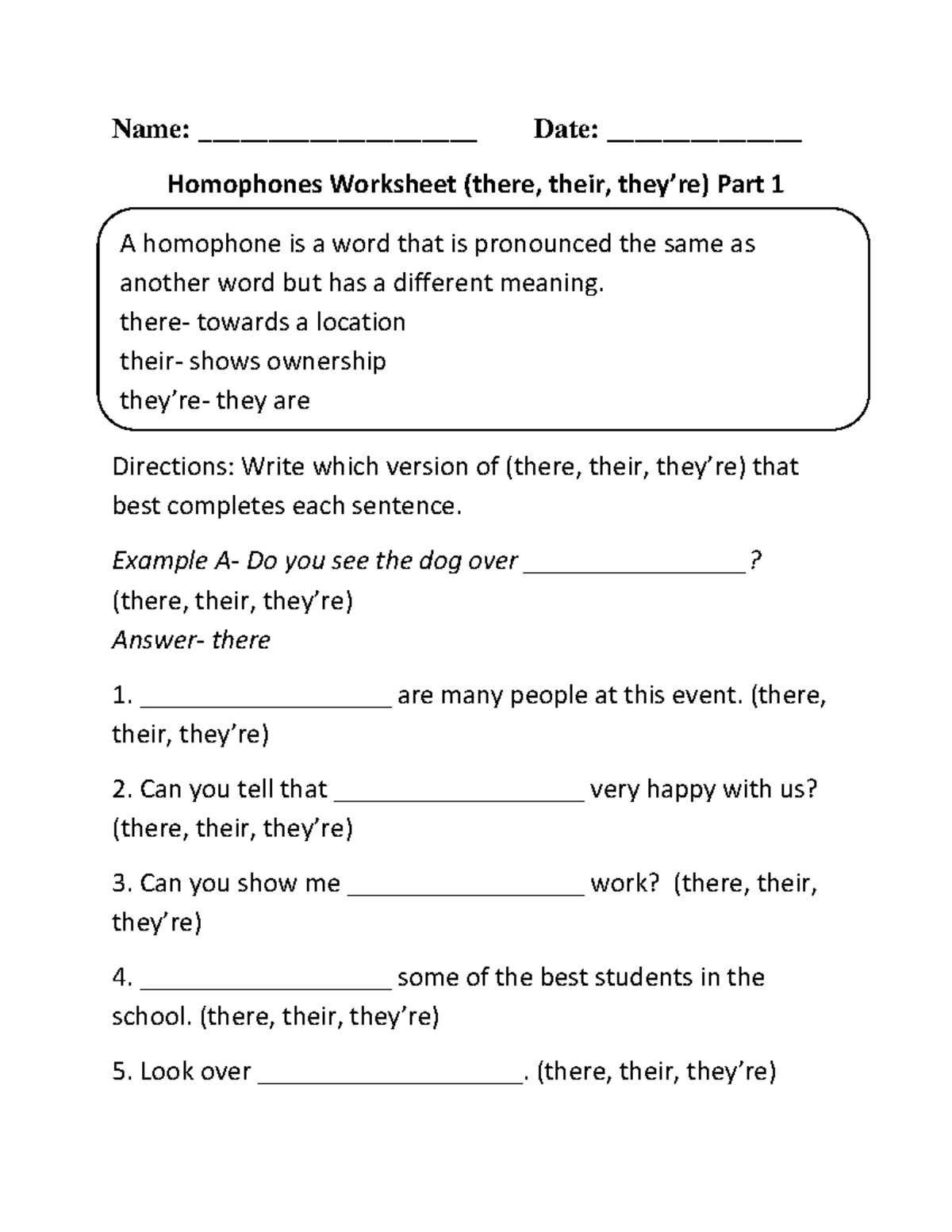Homophones Fill In there their they're P 1 Beginner - Name ...