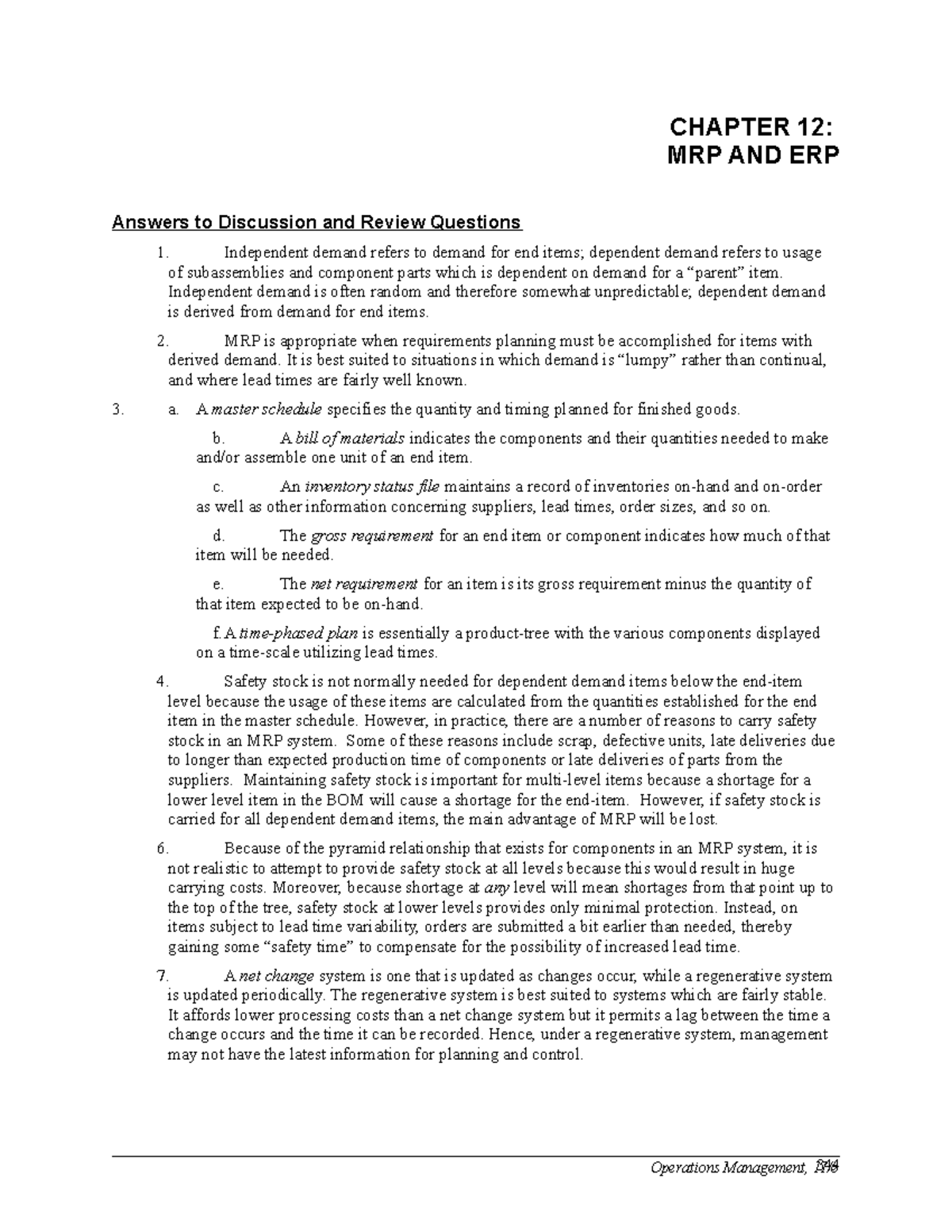 Chapter 12: MRP and ERP Solutions for Operations Management - Studocu