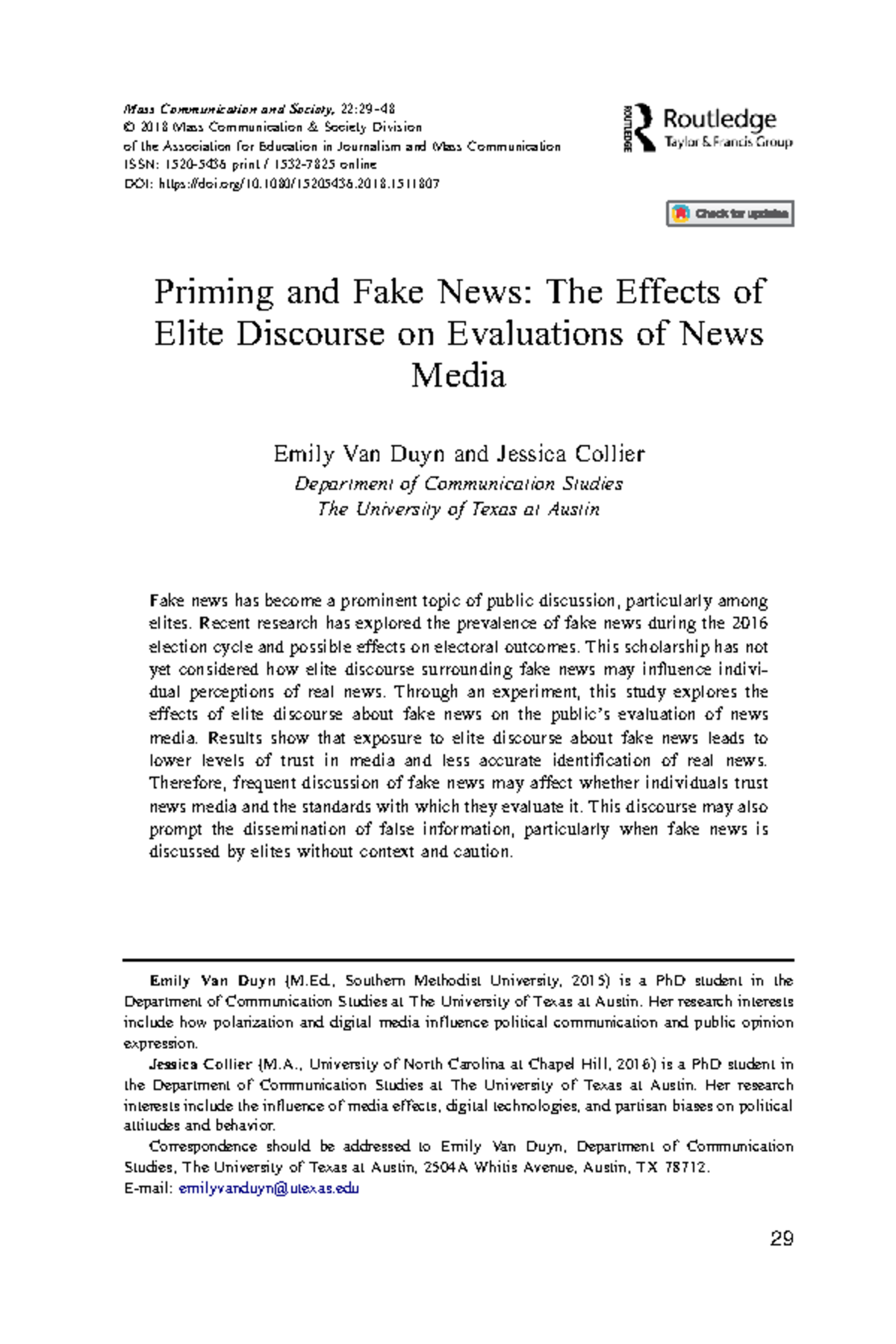 Priming and Fake News: Elite Discourse Effects on Media Trust - Studeersnel