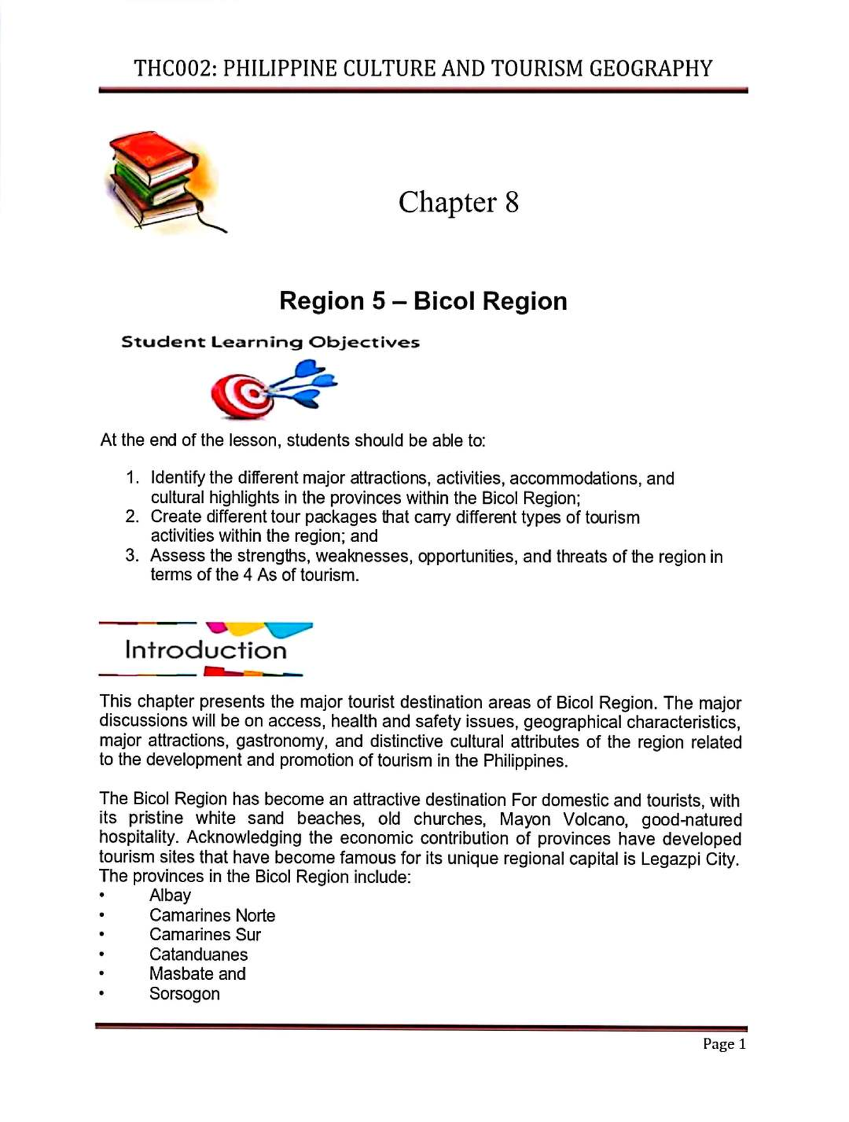 THC002: PHILIPPINE CULTURE AND TOURISM GEOGRAPHY Chapter 8 - Bicol ...