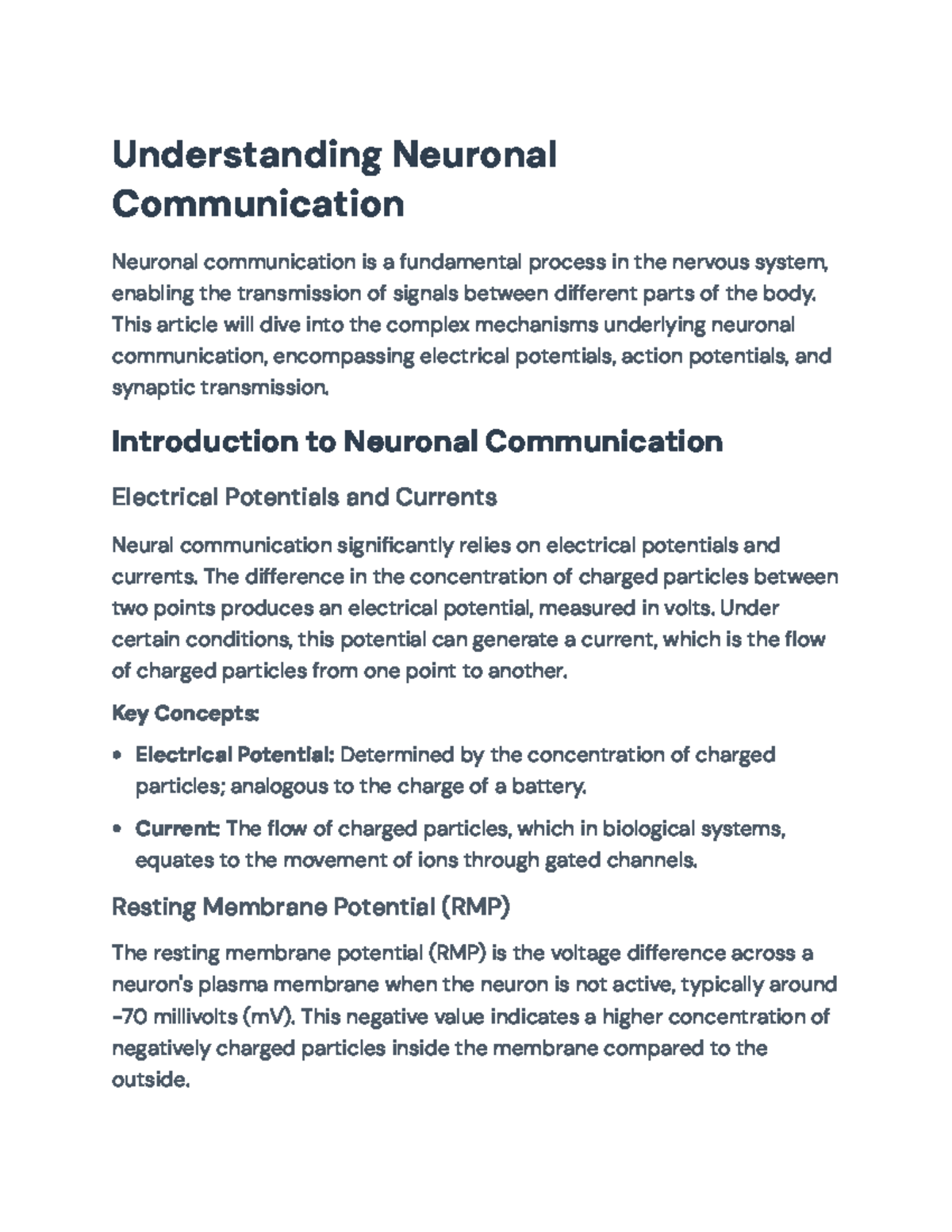 Neuronal Communication: Mechanisms of Action and Signal Transmission ...