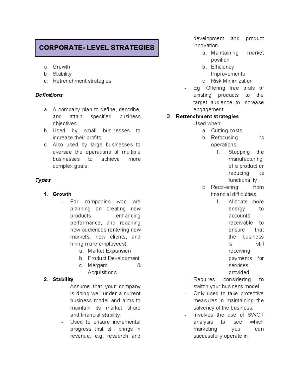 Corporate Strategy Overview: Growth, Stability, and Retrenchment - Studocu