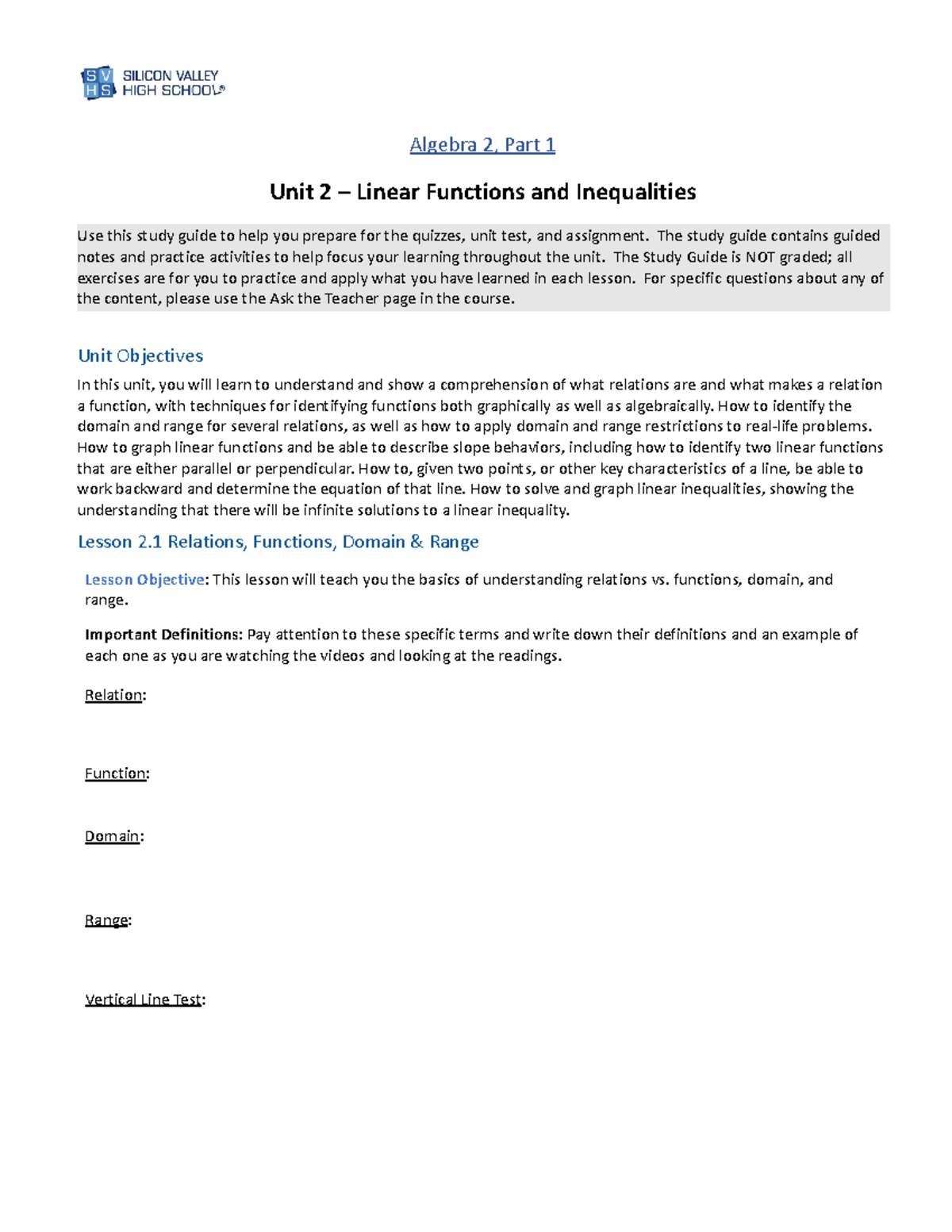 Algebra 2 (Alg2) Part 1 Unit 2 Study Guide: Linear Functions ...