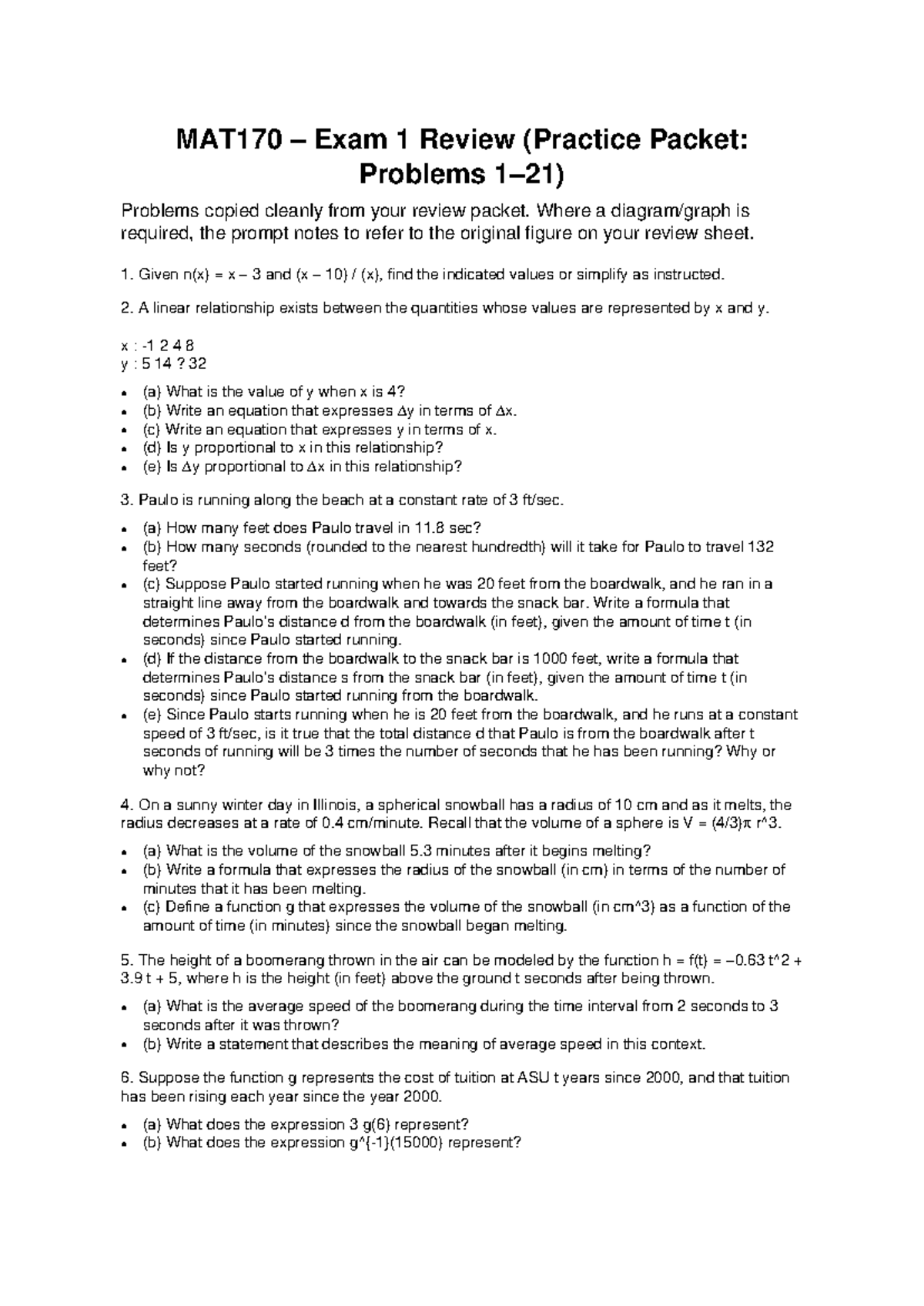 MAT170 – Exam 1 Review (Practice Packet: Problems 1-21) - Studocu