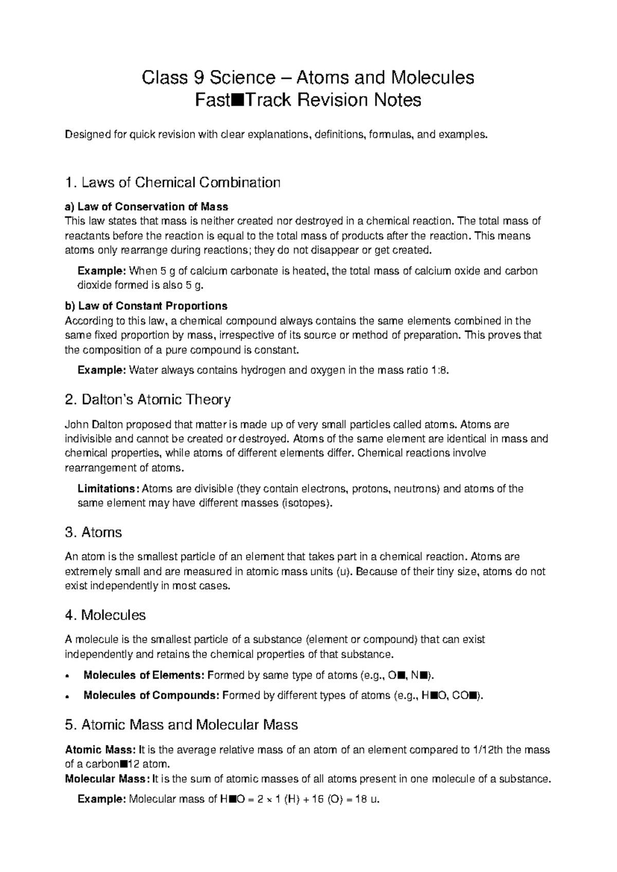Class 9 Science: Atoms & Molecules Fasttrack Revision Notes - Studocu