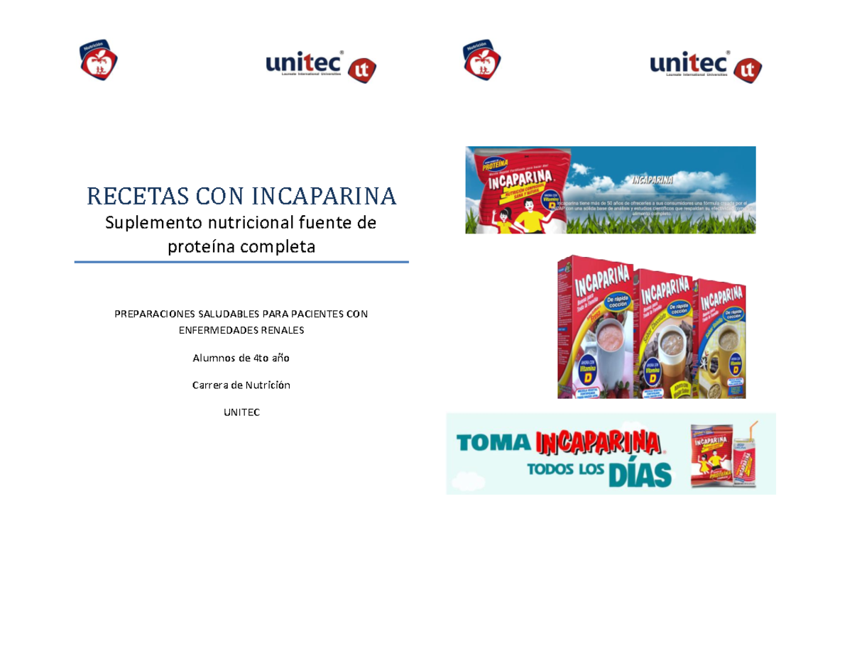 Recetas Nutritivas con Incaparina para Nutrición 4to Año UNITEC - Studocu