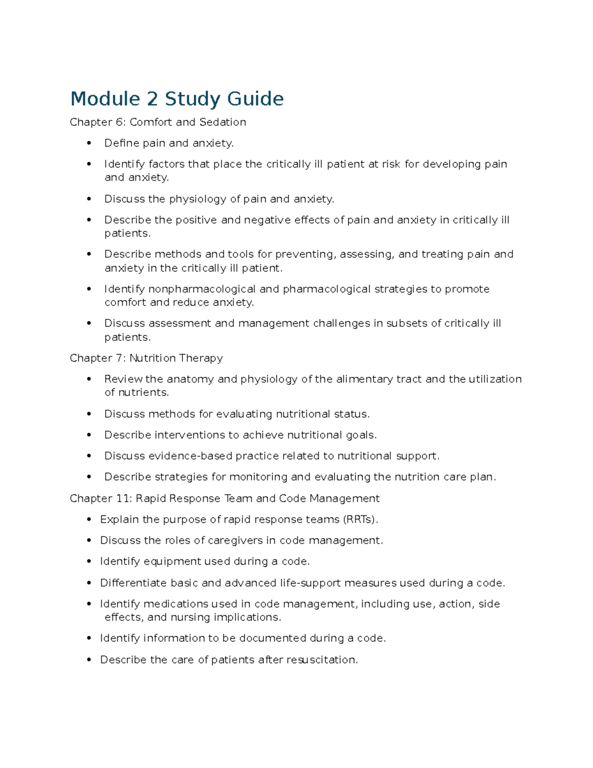Module 2 Study Guide: Comfort, Nutrition, and Code Management - Studocu