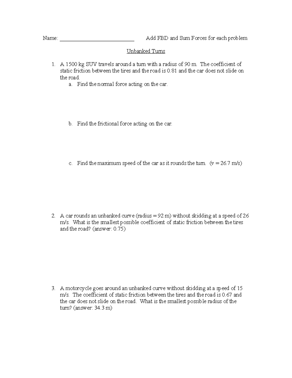 UCM Physics: Unbanked Turns & Vertical Circular Motion Problems - Studocu