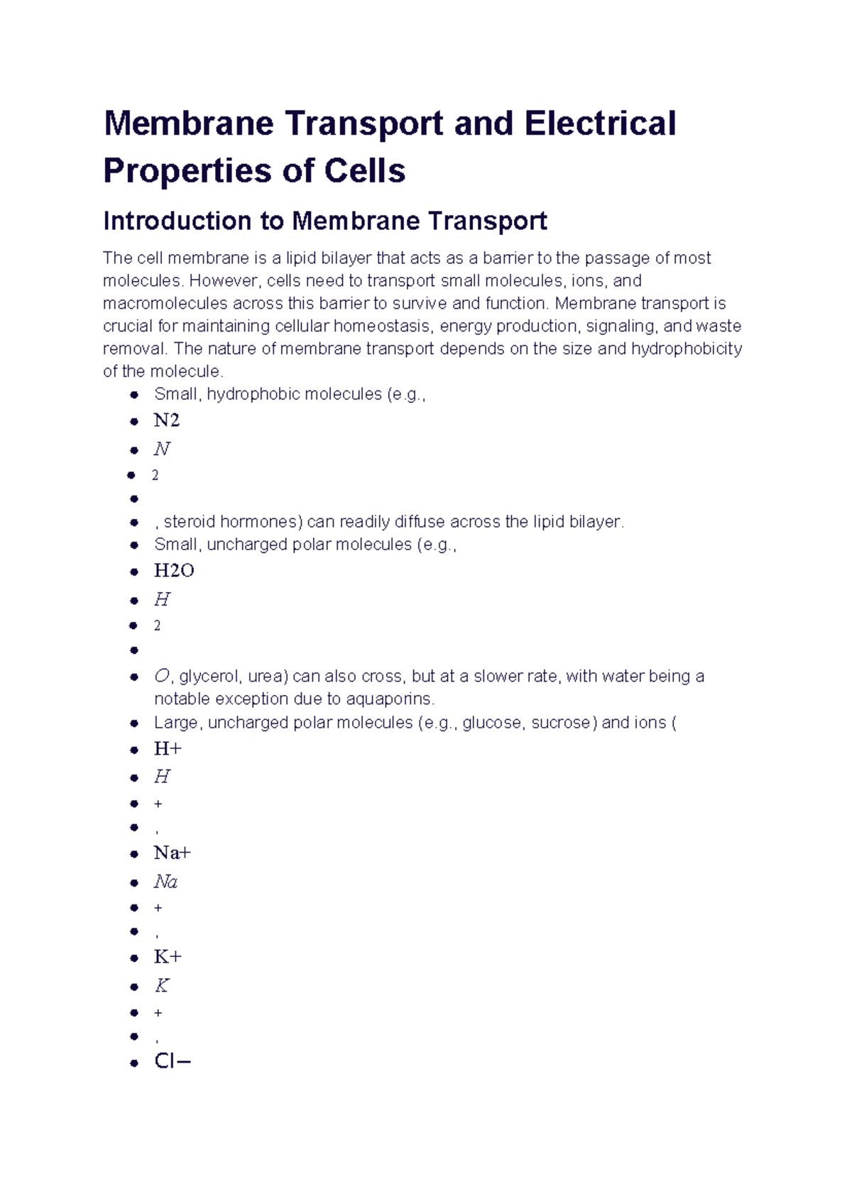 Membrane Transport & Electrical Properties of Cells: Overview and ...