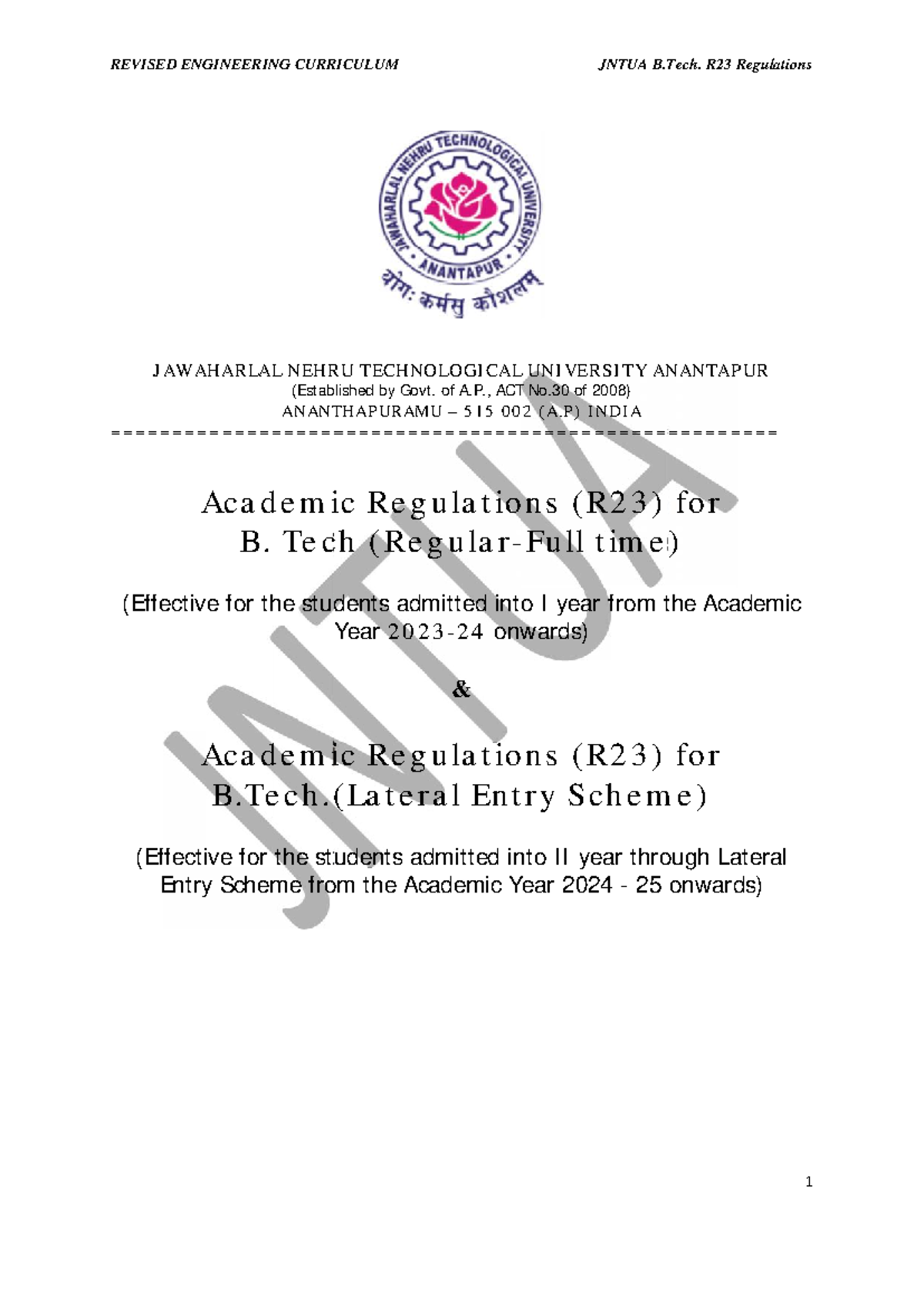 Revised B.Tech. R23 Regulations for JNTUA Engineering Curriculum - Studocu