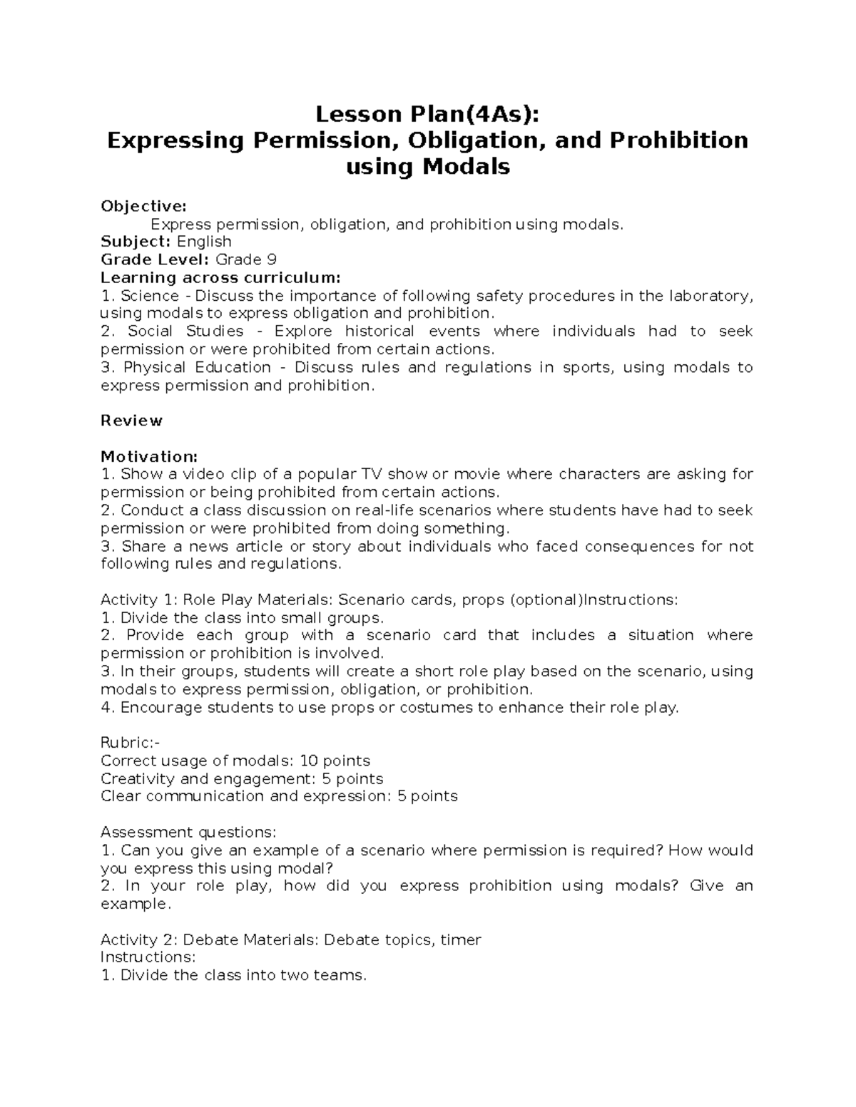 Grade 9 English Lesson Plan on Modals: Permission, Obligation ...