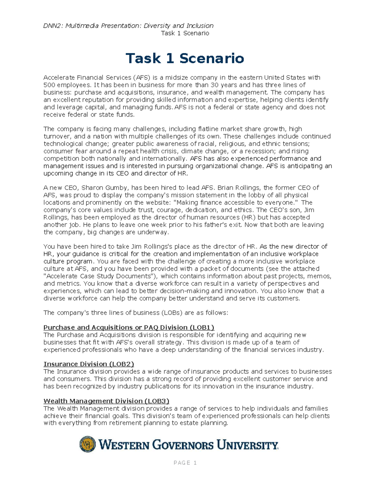 DNN2: Task 1 Scenario - Diversity & Inclusion at AFS - Studocu