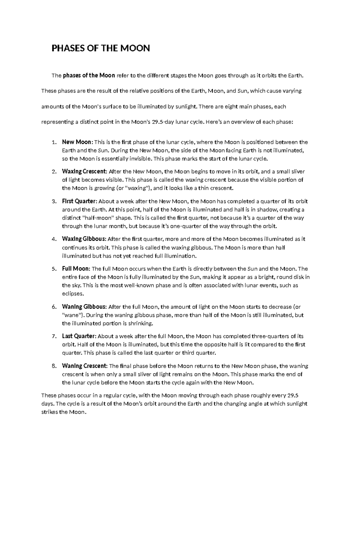 Phases of the Moon - Essay on Lunar Cycle Stages - Studocu