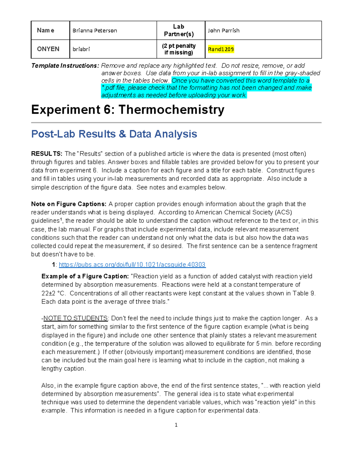 Post-Lab Analysis for Experiment 6 (Thermochemistry) - Student Work ...