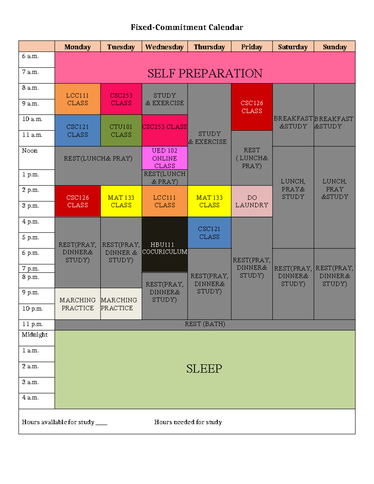 Fixed-Commitment Calendar - Fixed-Commitment Calendar Monday Tuesday ...
