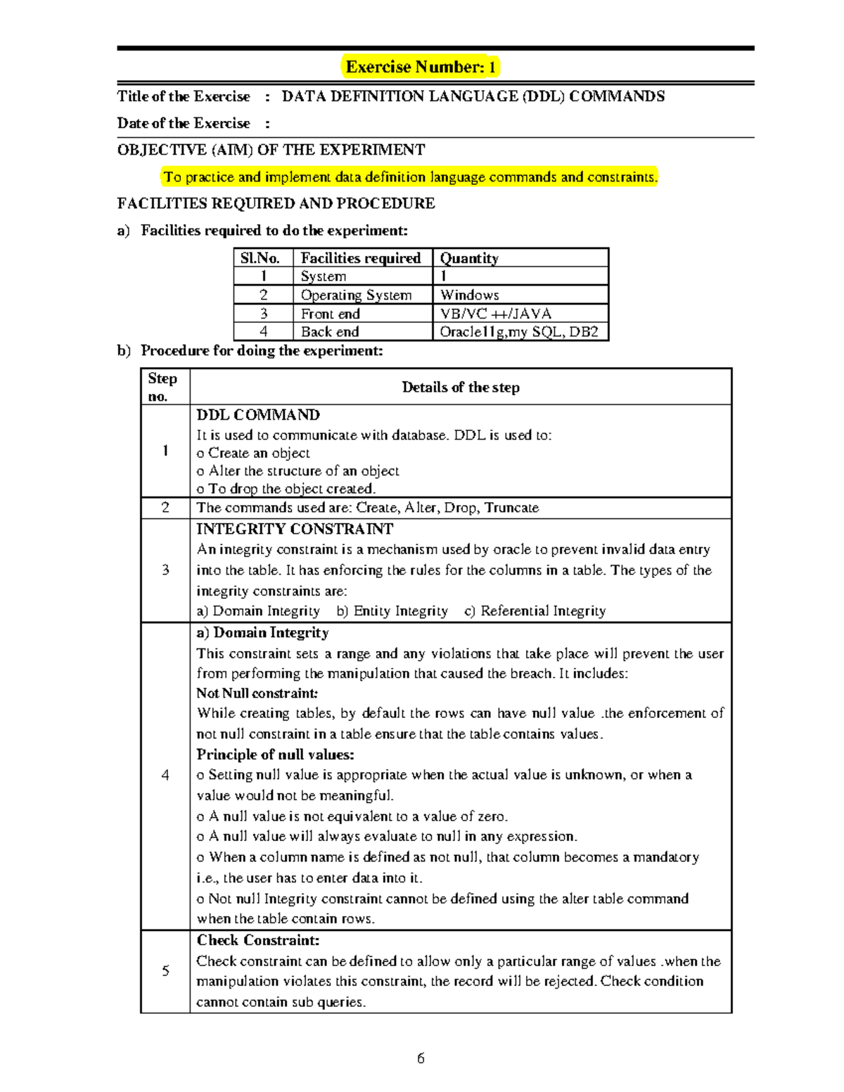 1 DDL Commands Lab Exercise for Database Development - Studocu