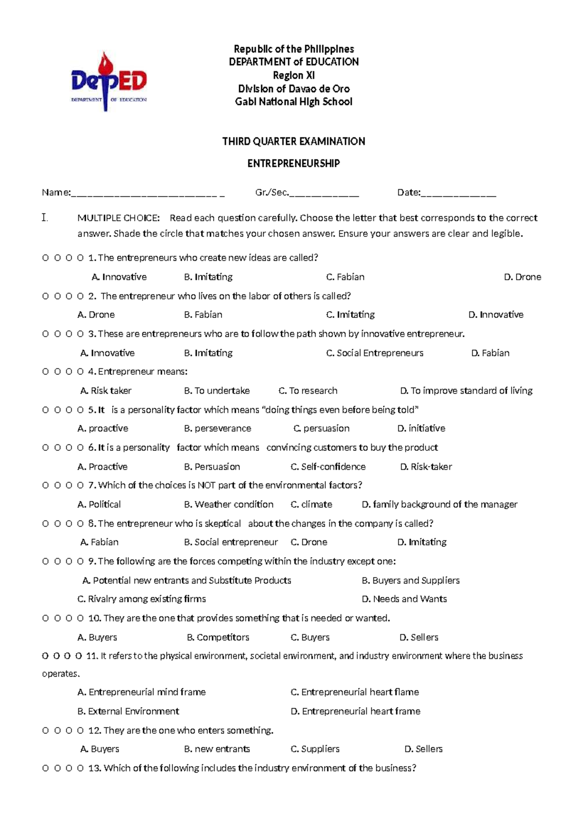 Third Quarter Exam - Entrepreneurship (ENTREP 101) - Studocu