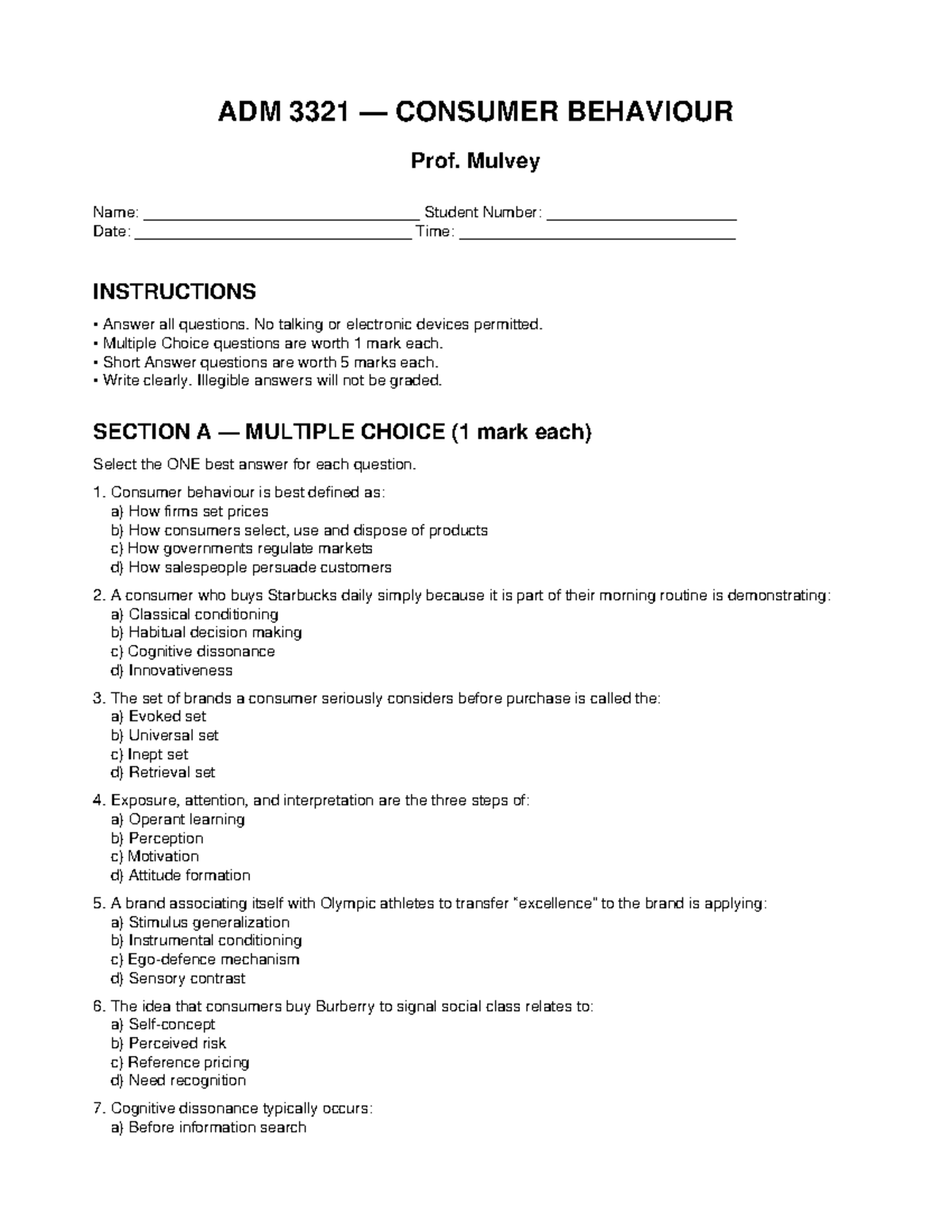 ADM 3321 Consumer Behaviour PRACTICE Midterm Exam Questions and Answers ...