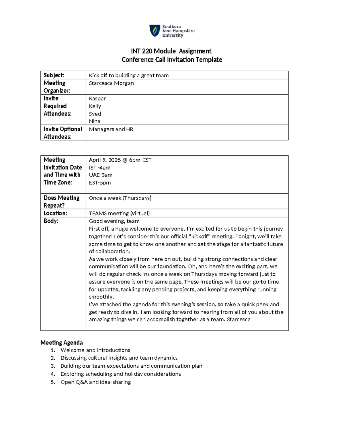 INT 220 Conference Call Invitation-Team Expectations - INT 220 Module Assignment Conference Call ...