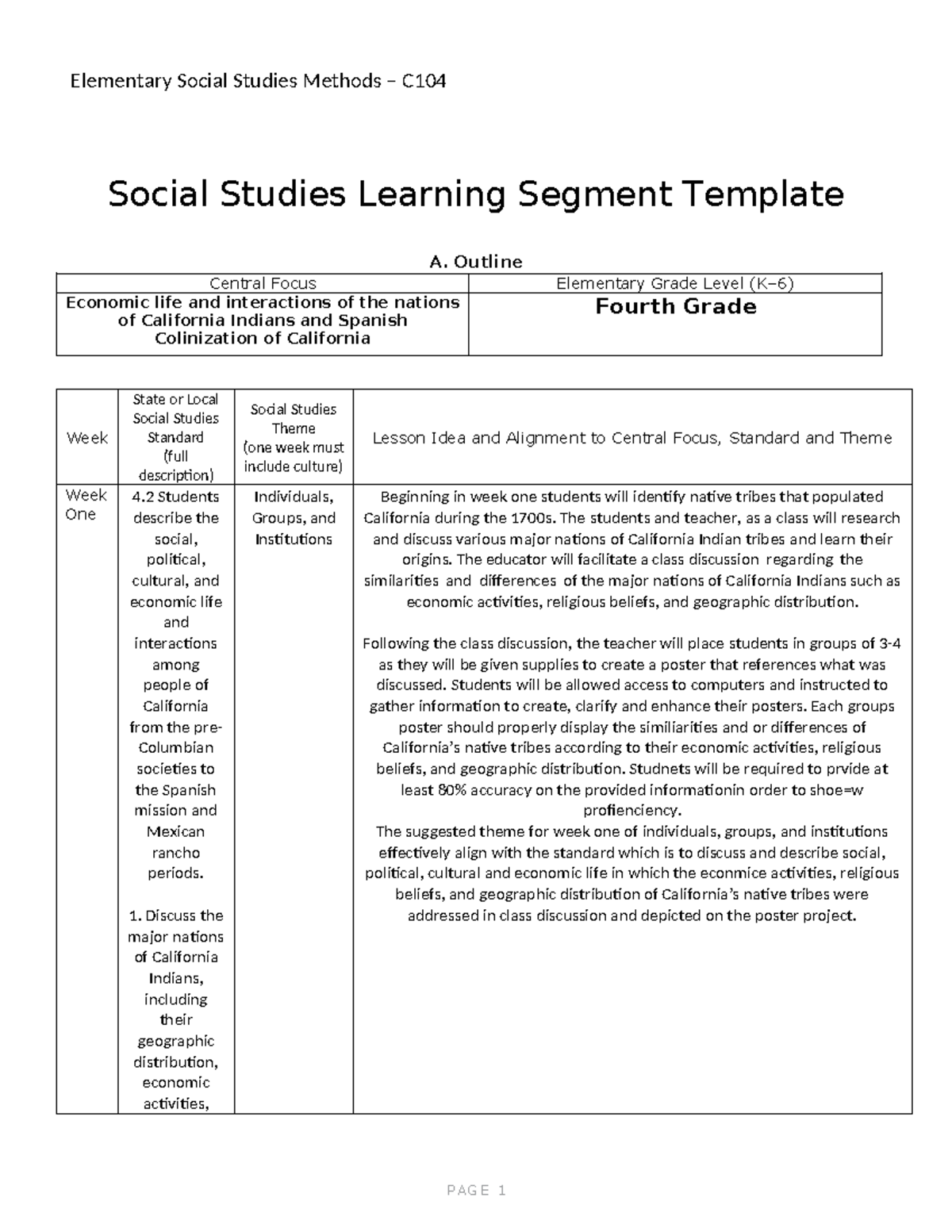 Social Studies Learning Segment Template - Outline Central Focus ...