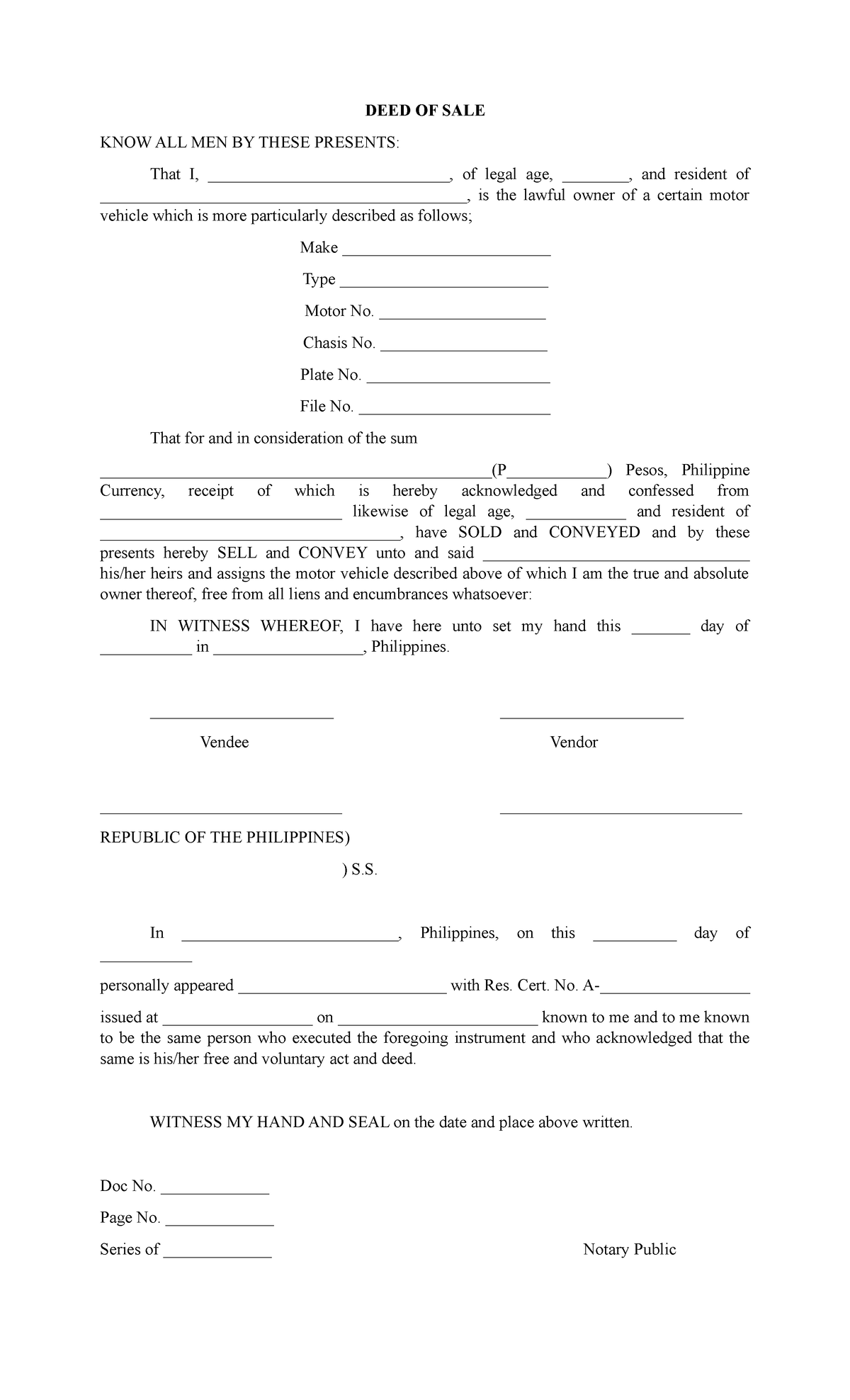 DEED OF SALE SAMPLE - Motor Vehicle Transaction Template - Studocu