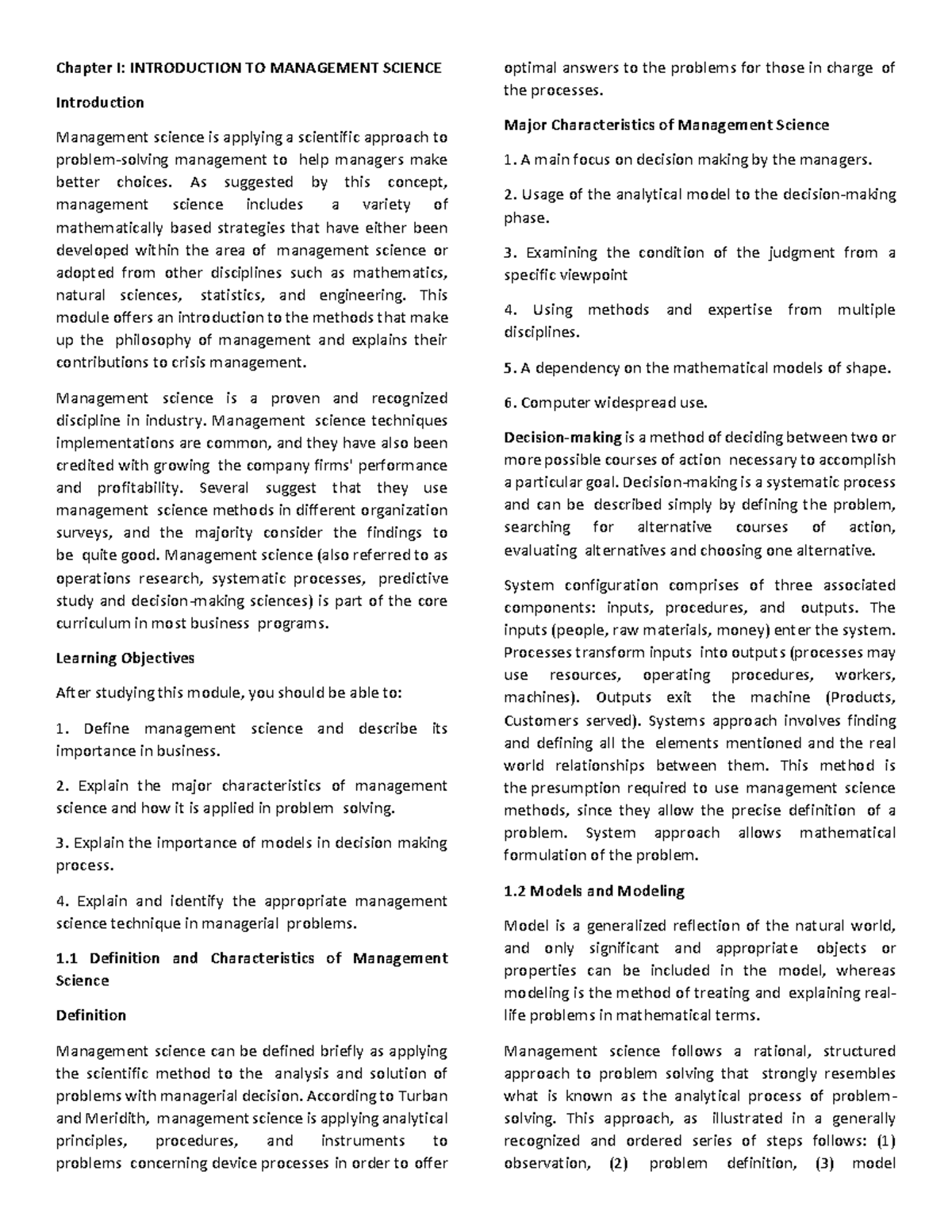 MGT-SCI- Reviewer - None - Chapter I: INTRODUCTION TO MANAGEMENT SCIENCE Introduction Management ...