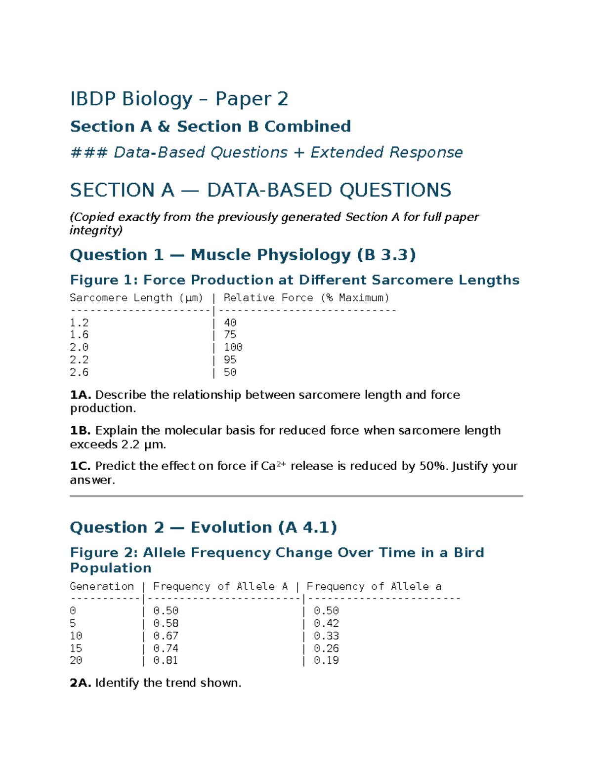 IBDP Biology Paper 2: Combined Section A & B Questions and Answers ...