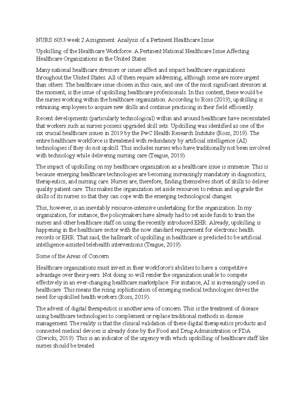 NURS 6053 Week 2 Assignment: Upskilling in Healthcare Workforce ...