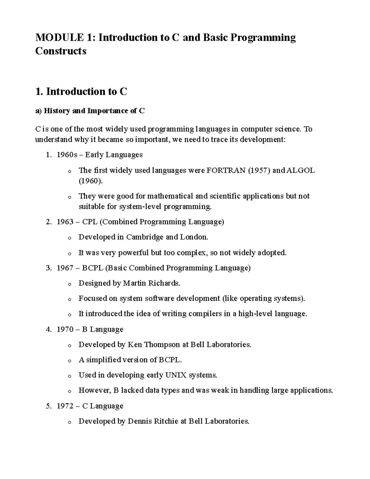 Module 1: Intro to C & Basic Programming Constructs Notes - Studocu
