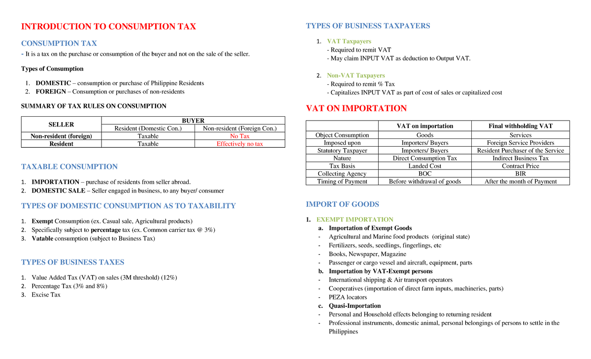 TAXATION 101 NOTES - INTRODUCTION TO CONSUMPTION TAX CONSUMPTION TAX ...