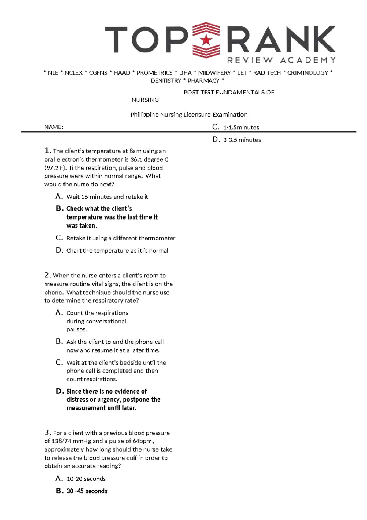 NLE NCLEX POST TEST: Comprehensive Review for Philippine Nursing Exam ...