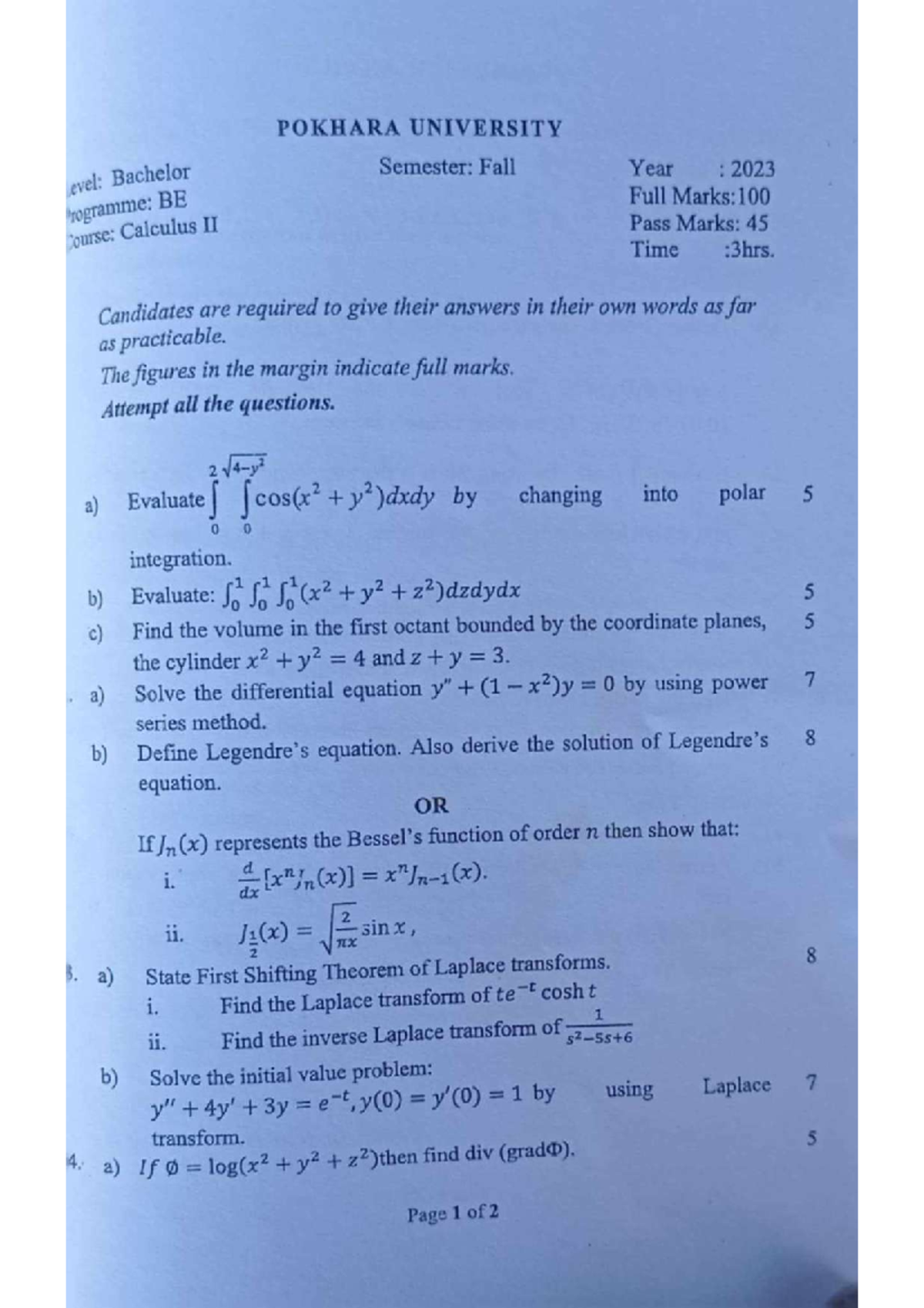 Calculus II Fall 2023 Past Exam Questions and Solutions - Studocu