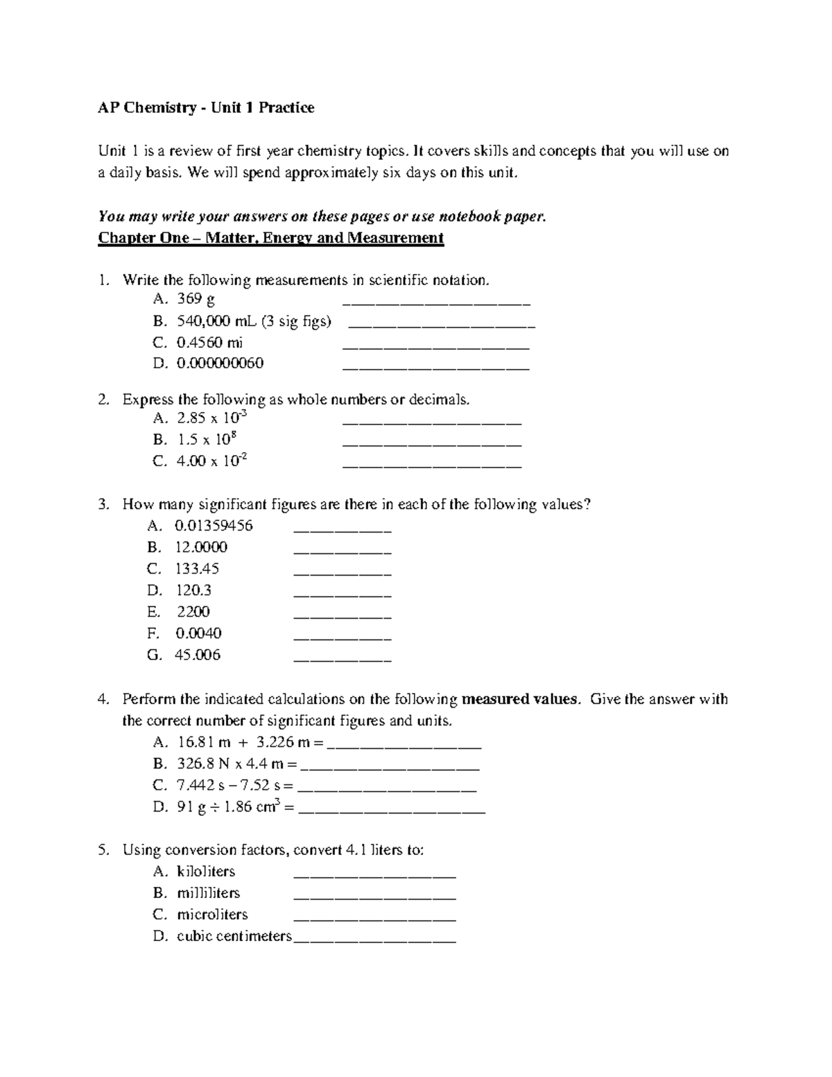 AP Chemistry Unit 1 Practice Review 2018-19 - Studocu