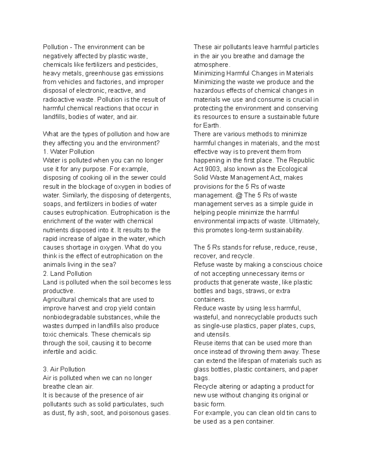 Pollution and Its Impact on the Environment: A Science Overview - Studocu