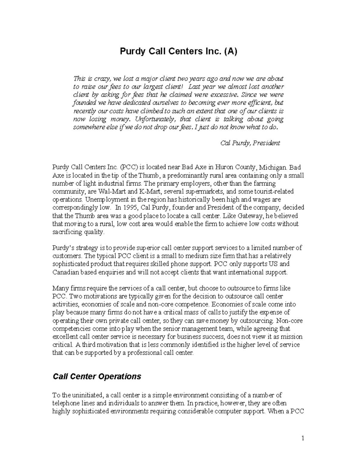 Purdy Call Centers Inc. (PCC) - Case Study Analysis and Questions - Studocu