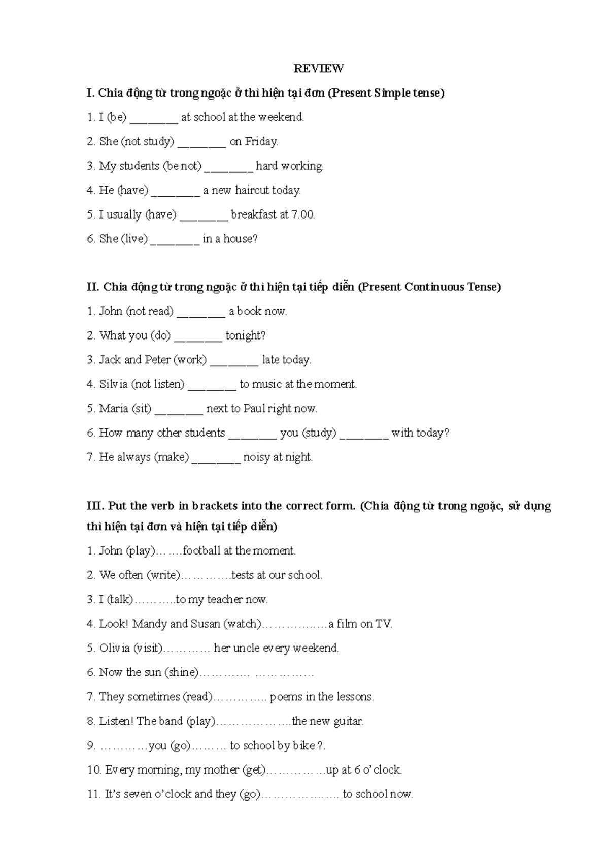 REVIEW - Exercises on Present Simple & Continuous Tenses - Studocu