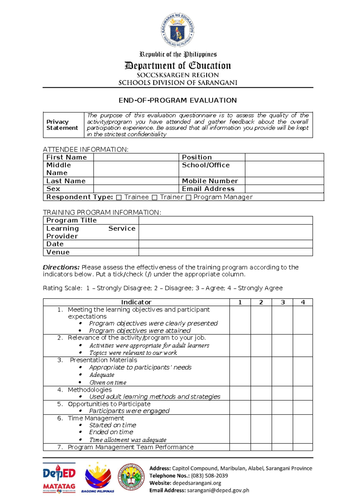 End of Program Evaluation: Feedback Questionnaire for Attendees - Studocu