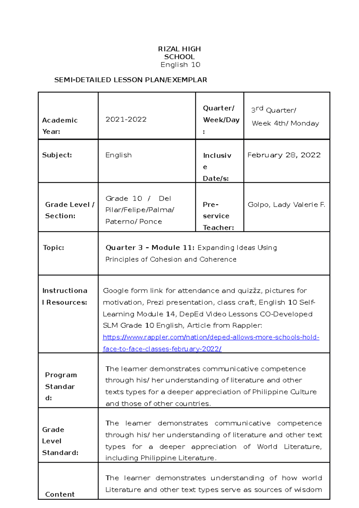Semi-Detailed Lesson Plan: Cohesion & Coherence in English 10 Module 11 ...
