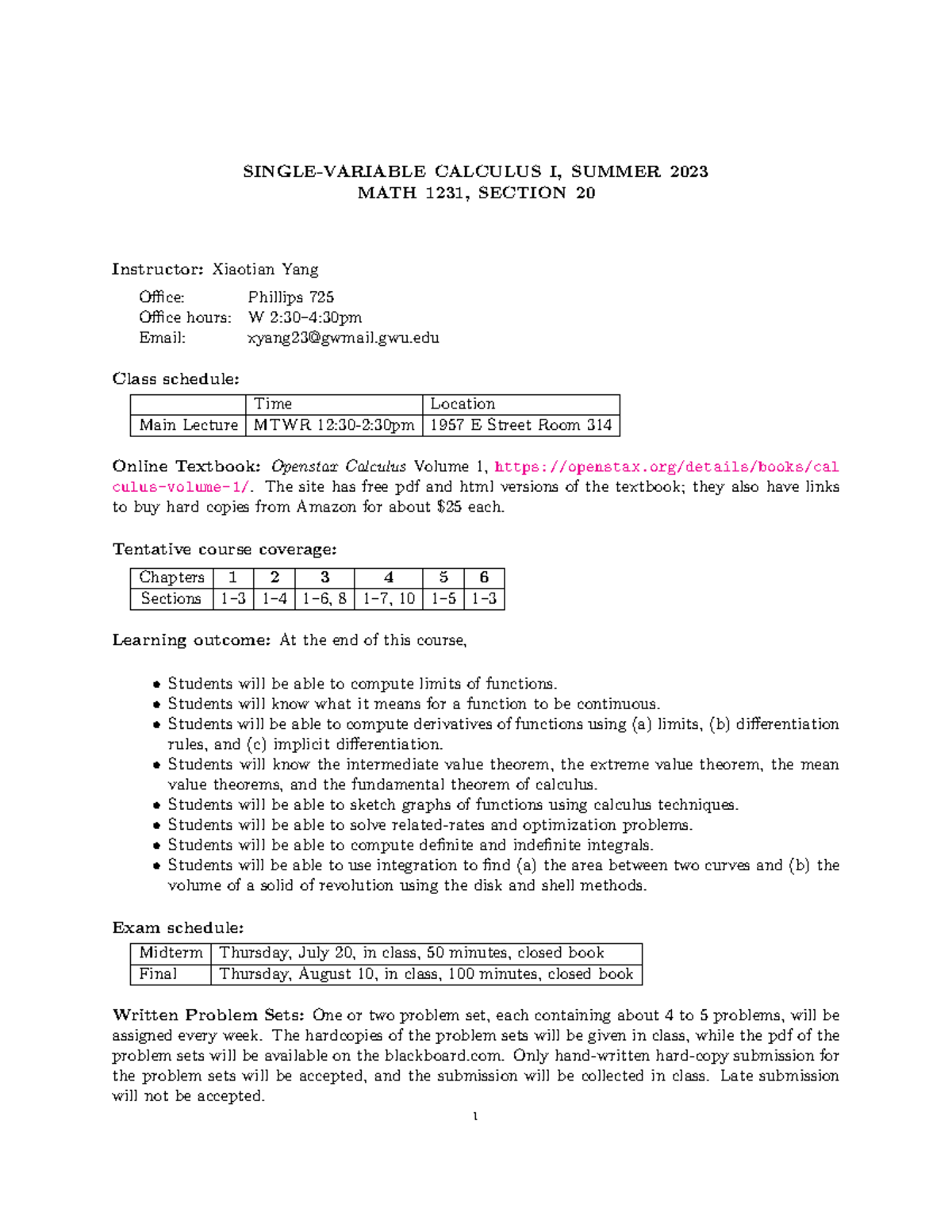 2023 syllabus - SINGLE-VARIABLE CALCULUS I, SUMMER 2023 MATH 1231 ...