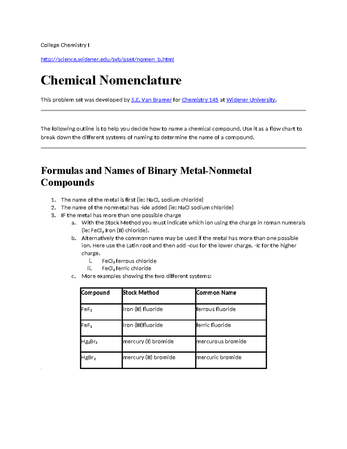 Chemical Nomenclature Notes for Chemistry 145 at Widener University ...