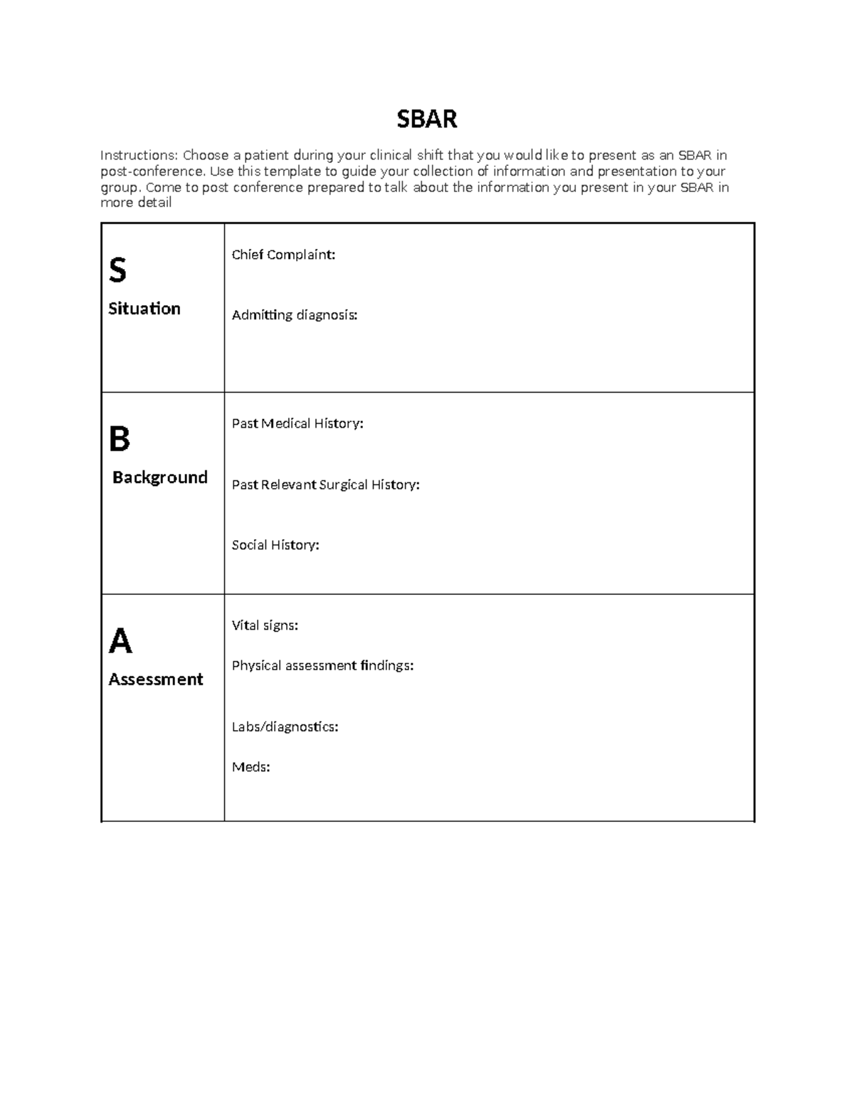 SBAR Template - sbar assignment - SBAR Instructions: Choose a patient ...