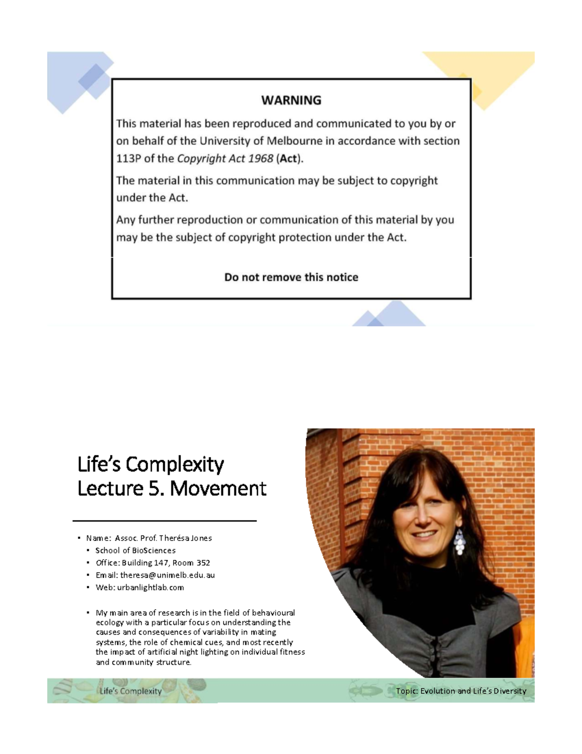 Complexity Lecture 5: Evolution and Diversity of Movement - Studocu