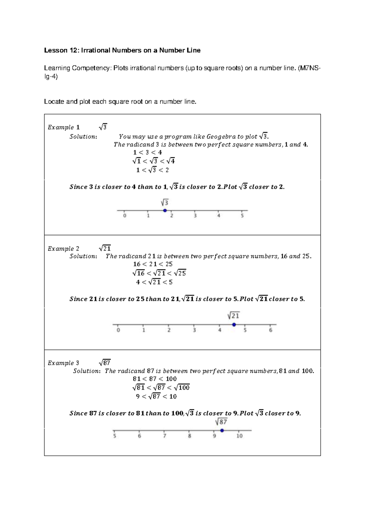M7NS-Ig-4 Lesson 12: Plotting Irrational Numbers on a Number Line - Studocu