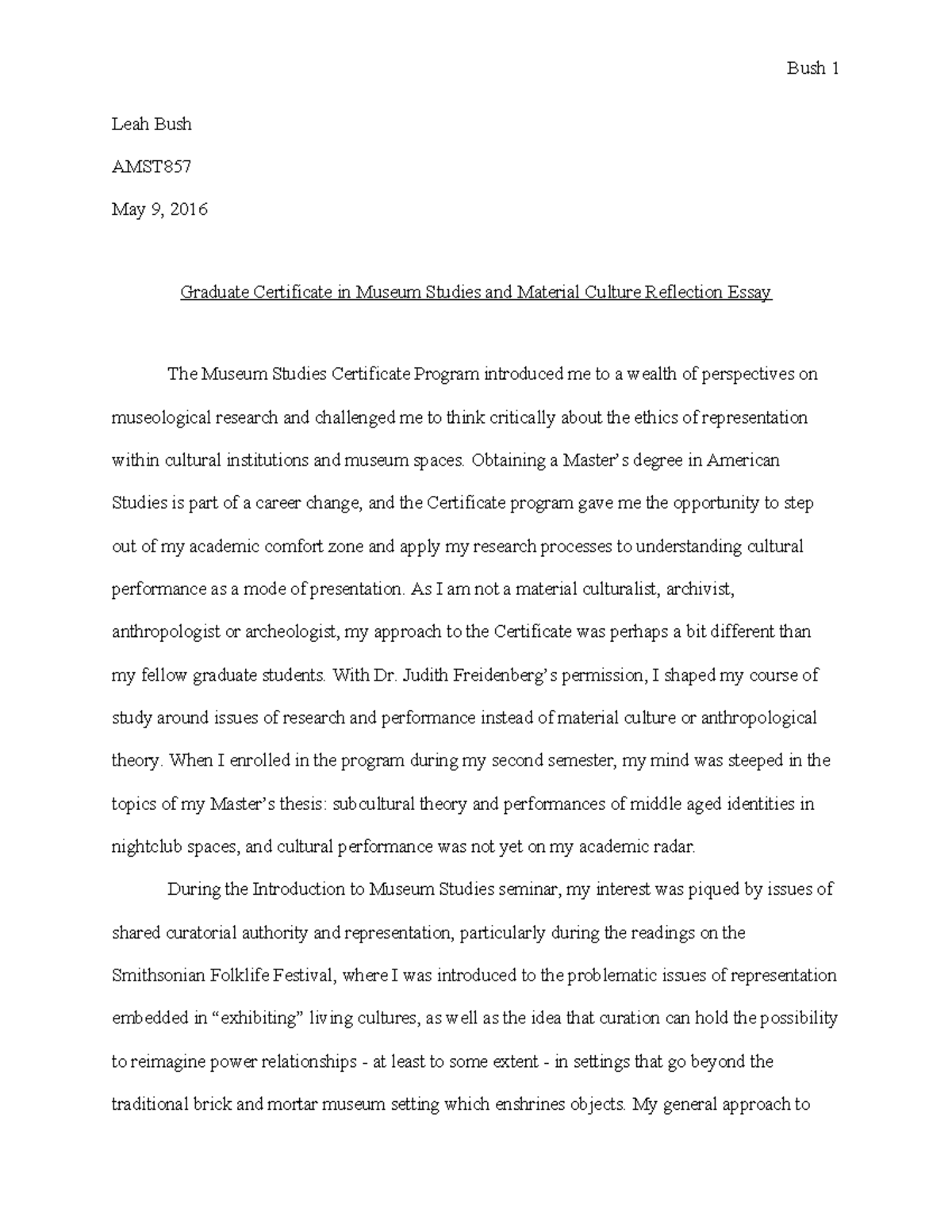 AMST857 Graduate Certificate in Museum Studies Reflection Essay - Studocu