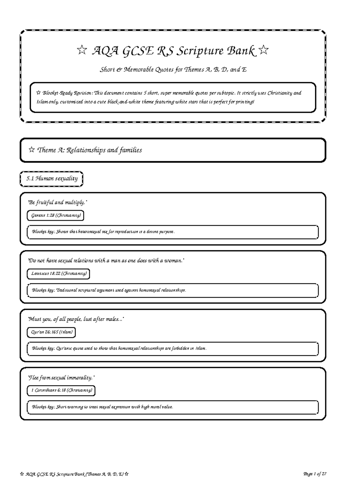 AQA GCSE R S Scripture Bank: Memorable Quotes for Themes A, B, D, E ...